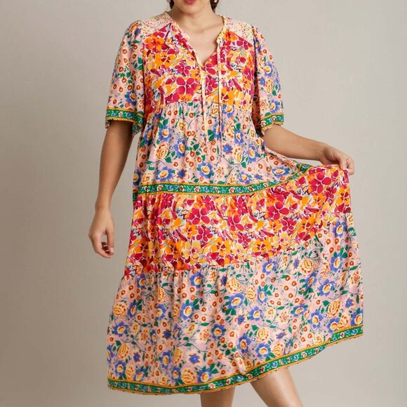 Umgee | Dresses | Umgee Plus Pink Short Sleeve Mixed Floral Print Split ...